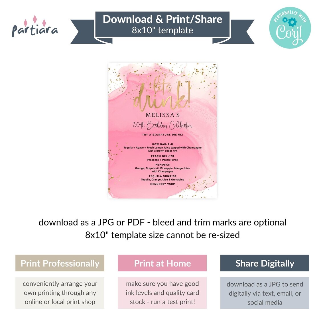Ladies Birthday Bar Menu Table Sign Printable Signature Drinks Menus ...