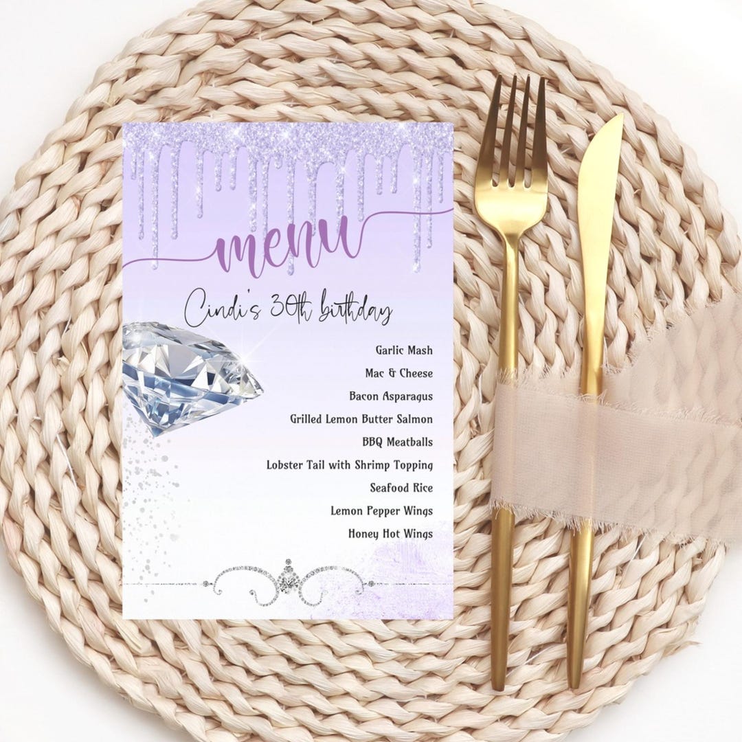Birthday Menu Card Template, Ladies Purple Dinner Party Menus Printable ...