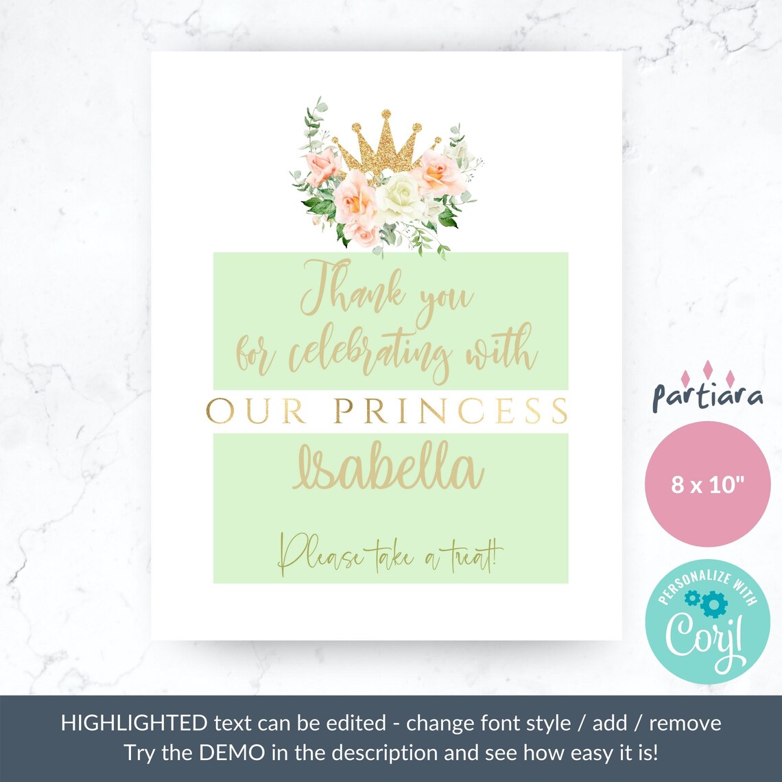 Baby Princess Party Favor Sign Girl Baby Shower Floral Tiara Favors ...