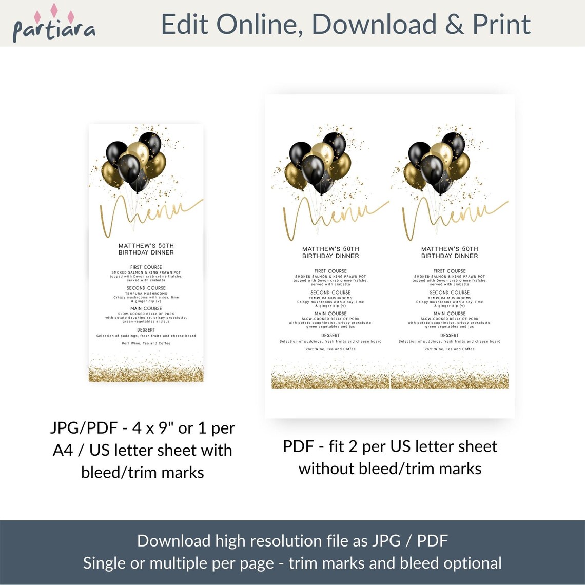 Black Gold Birthday Menu Card Editable Template Men or Ladies - Etsy