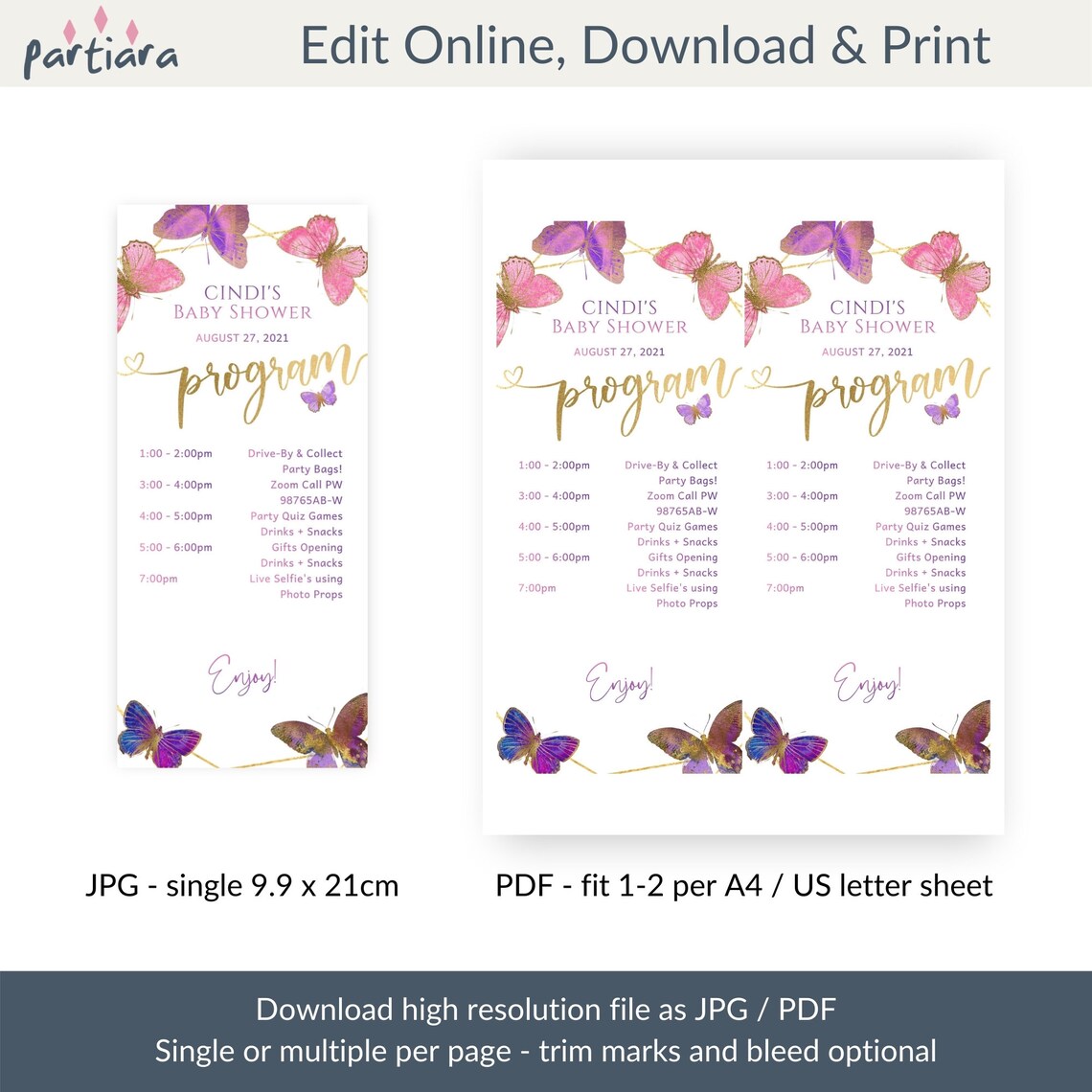 Baby Shower Program Details Card Butterfly Decor EDITABLE - Etsy