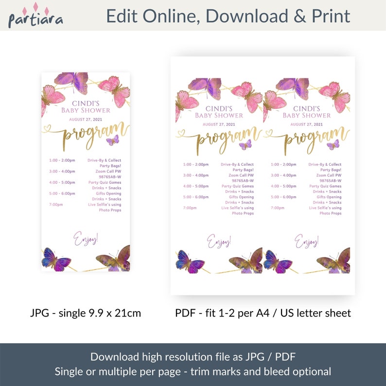 Baby Shower Program Details Card Butterfly Decor EDITABLE - Etsy