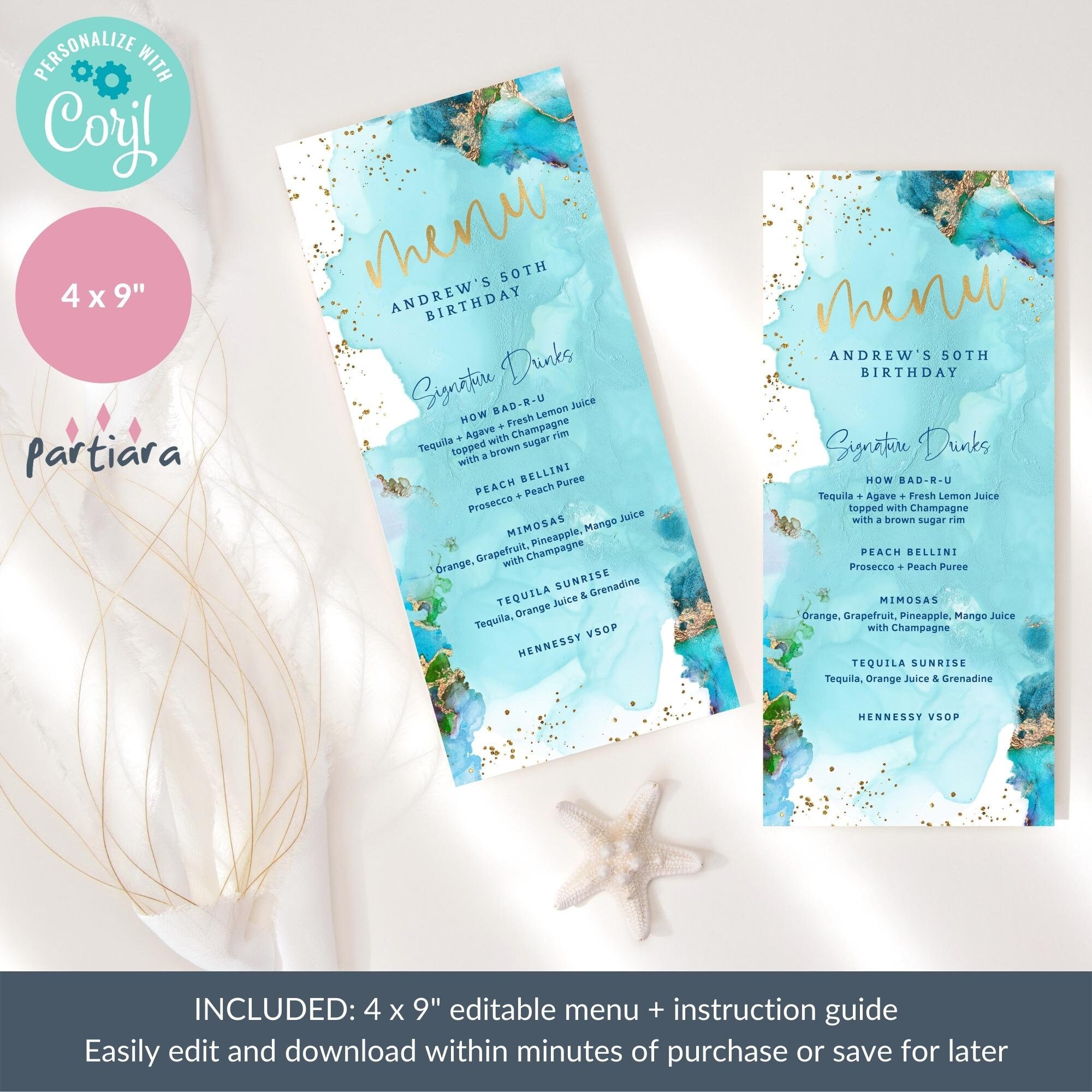 Teal Gold Menu Editable Birthday Signature Drinks Table Menus - Etsy