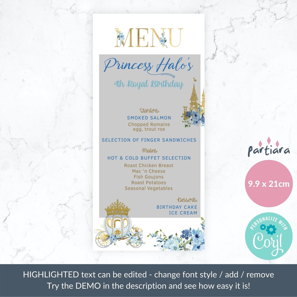Princess Menu Card Printable, Birthday Fairytale Menus for Girls, Blue ...