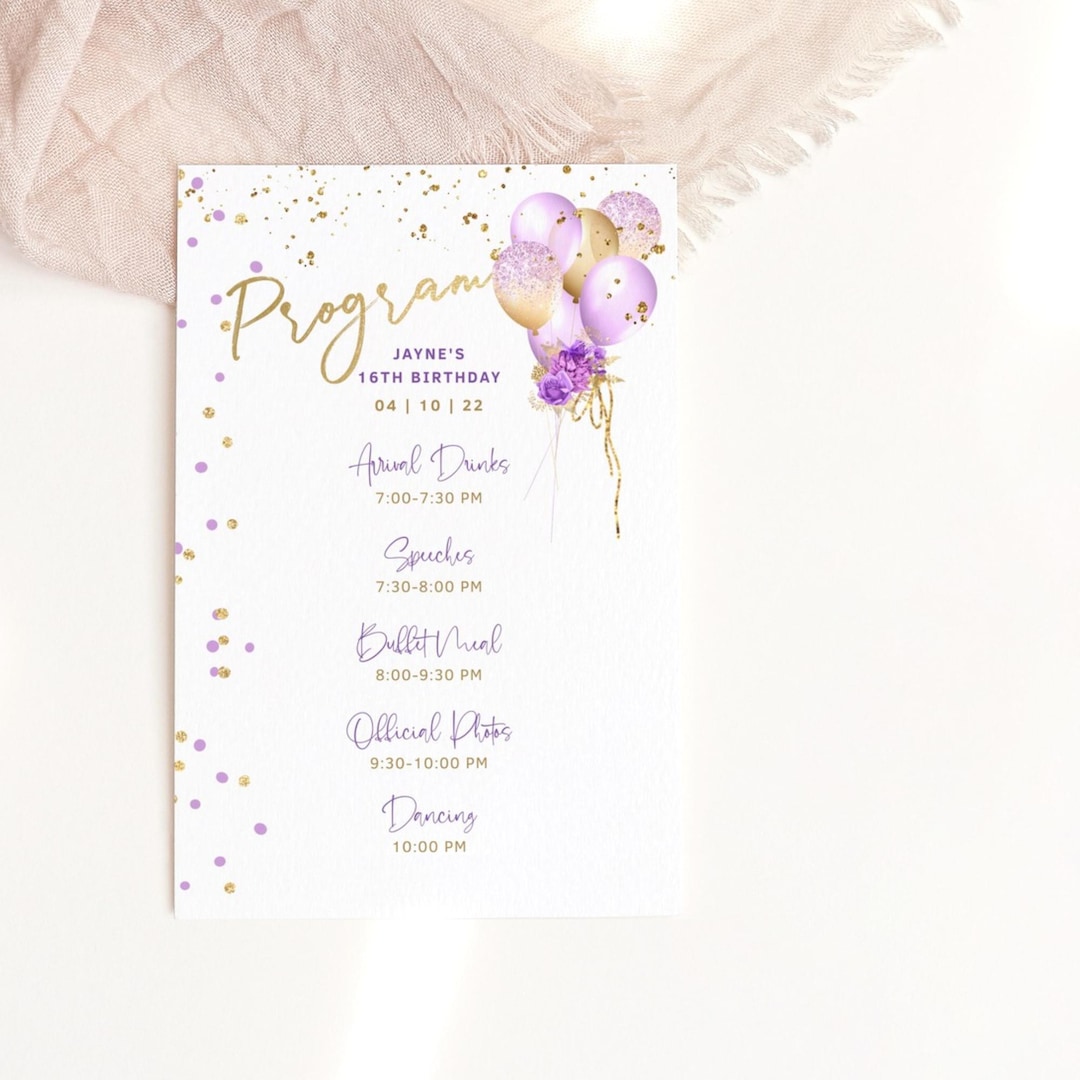 Ladies Birthday Party Program Template Printable Lilac Purple Gold ...