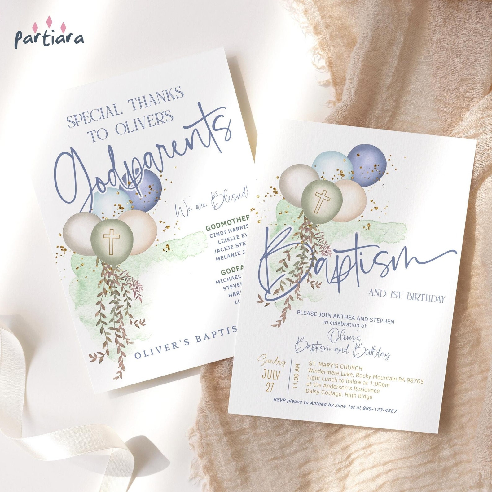 Boy Baptism Invitation Printable Godparents Details Invite 1st Birthday ...