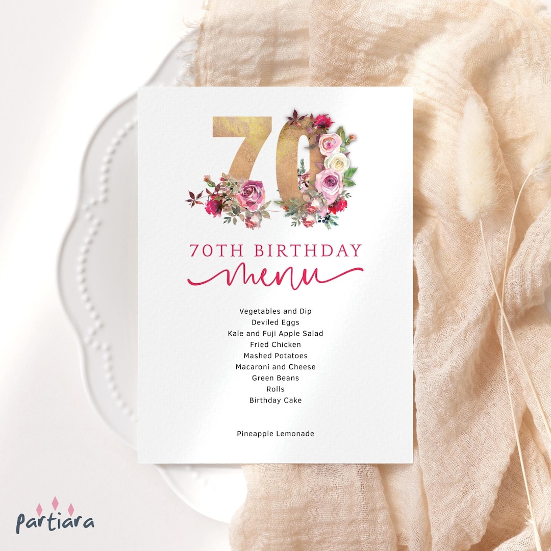 70th Birthday Party Menus Ladies Brunch Printable Menu Card Floral ...
