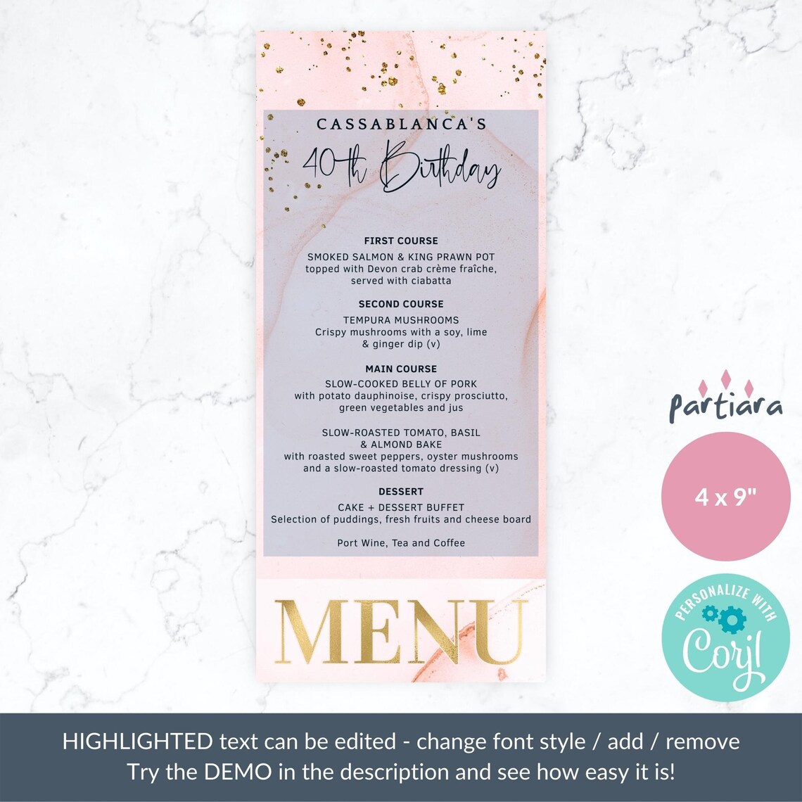 Pink Brunch Menu Card Editable Template, Birthday Dinner Menus ...