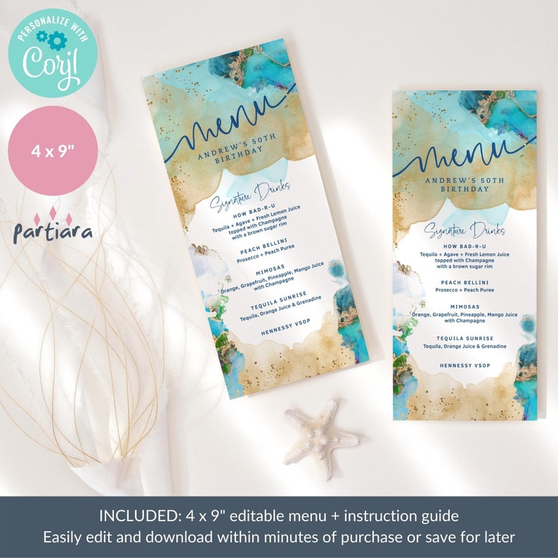 Turquoise Menu Card Template, Birthday Dinner Party Table Menus ...