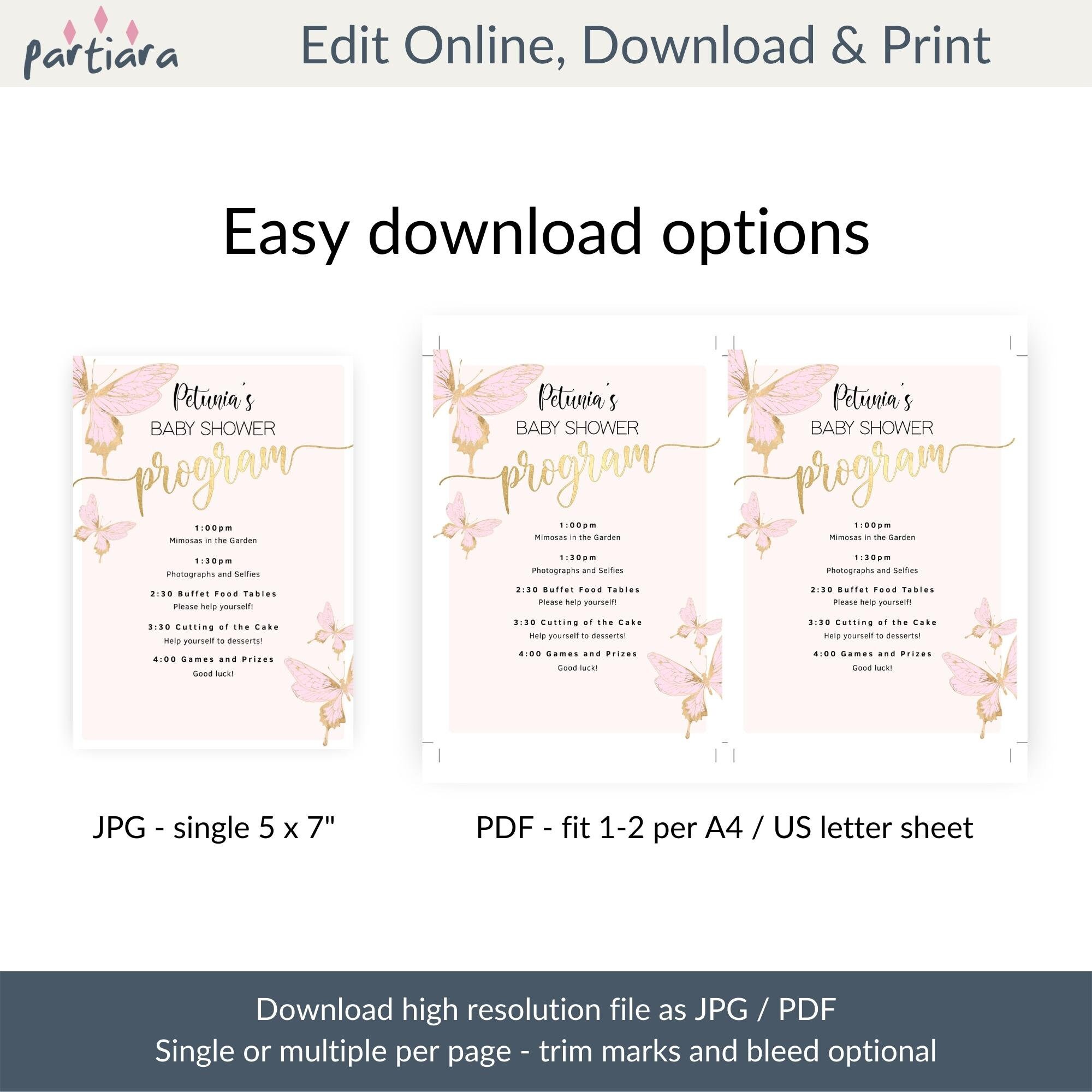 Blush Pink Butterfly Program Card Printable Ladies Birthday - Etsy