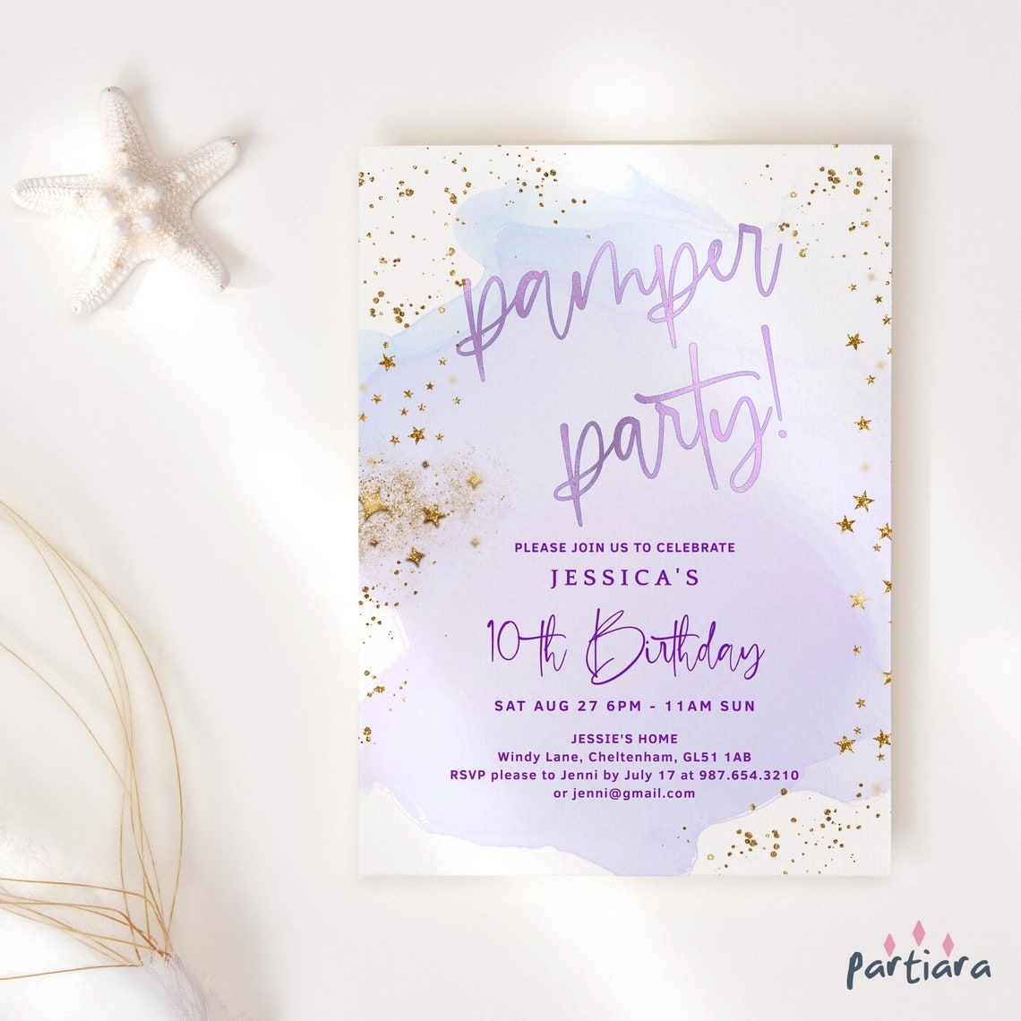 Girls Pamper Party Invitation Printable Lilac Purple Gold Birthday Spa ...