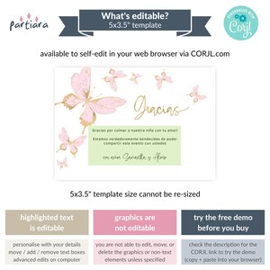 Spanish Baby Shower Thank You Notecard Template, Girls Butterfly Party ...