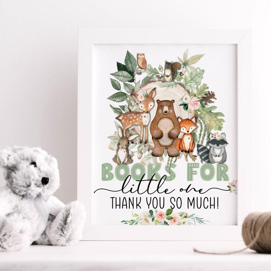 Woodland Baby Shower Books for Baby Table Sign Printable, Girls Floral ...