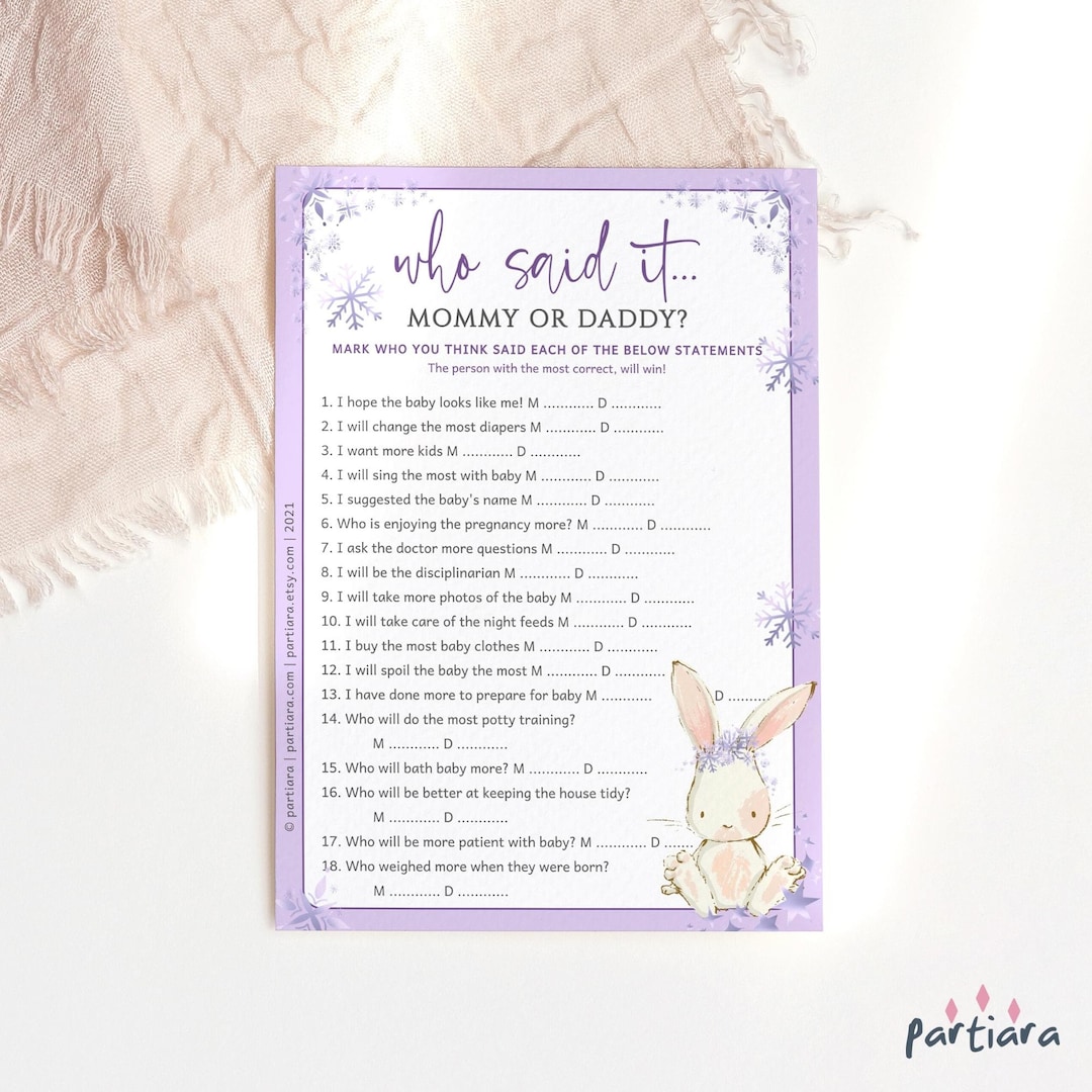 Lilac Snow Bunny Game Who Said It Mommy or Daddy Baby Shower Guessing ...