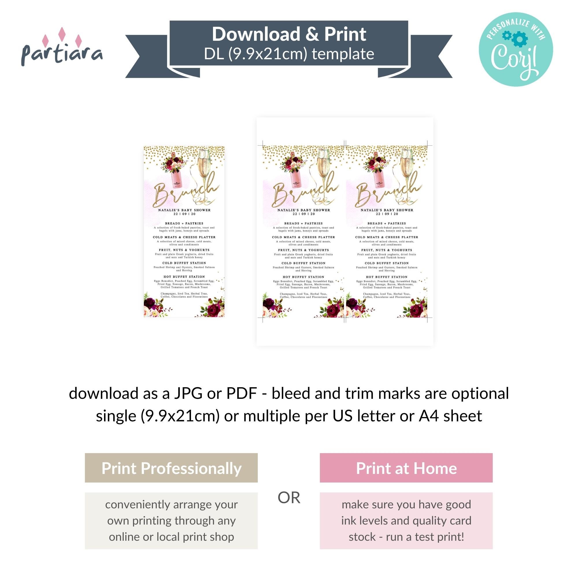 Editable Brunch Menu Template, Printable Champagne Brunch Birthday ...
