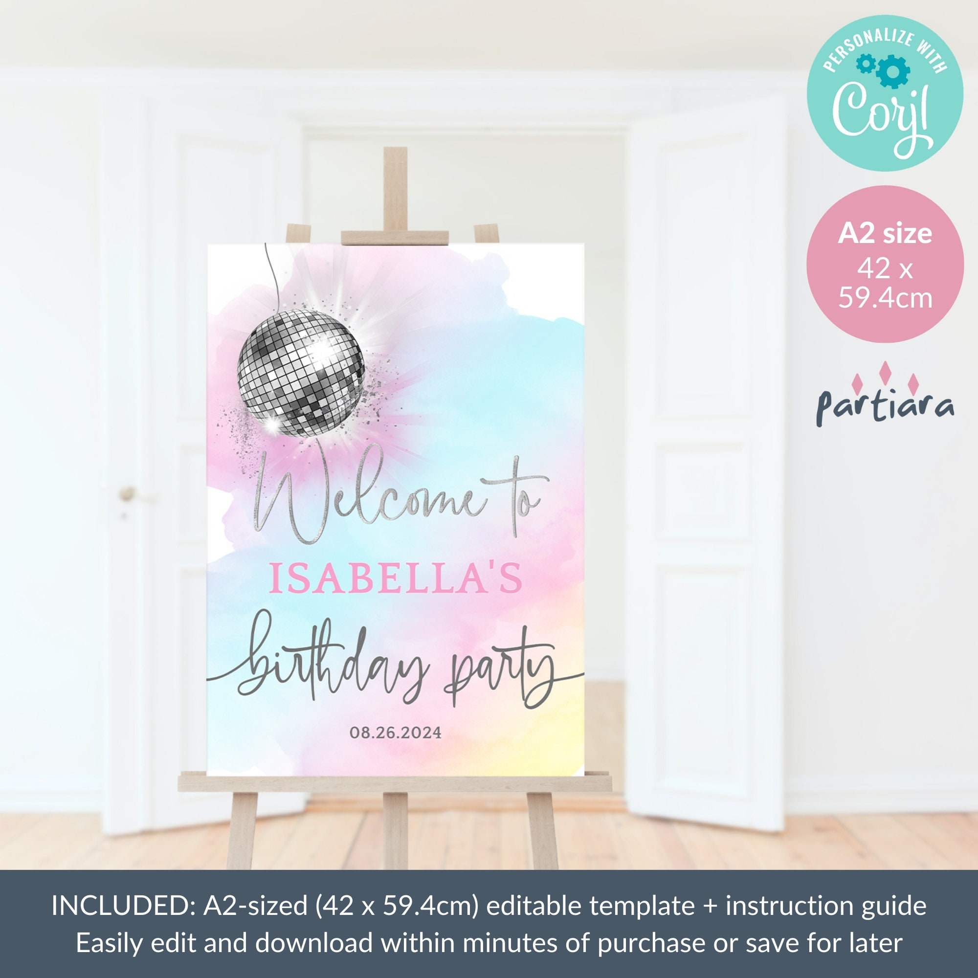 Teen Girls Disco Welcome Sign, Rainbow Party Welcome Poster Printable ...