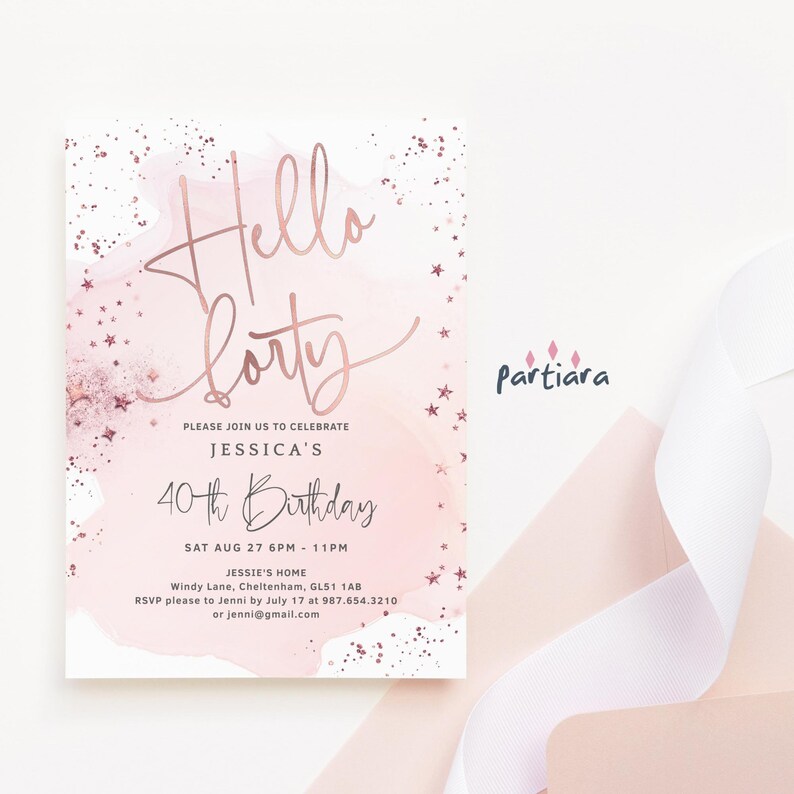 Blush Pink 40th Birthday Invite Hello Forty Printable Rose - Etsy