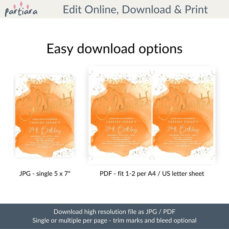 Orange Gold Birthday Invitation Printable Let's Celebrate Surprise ...