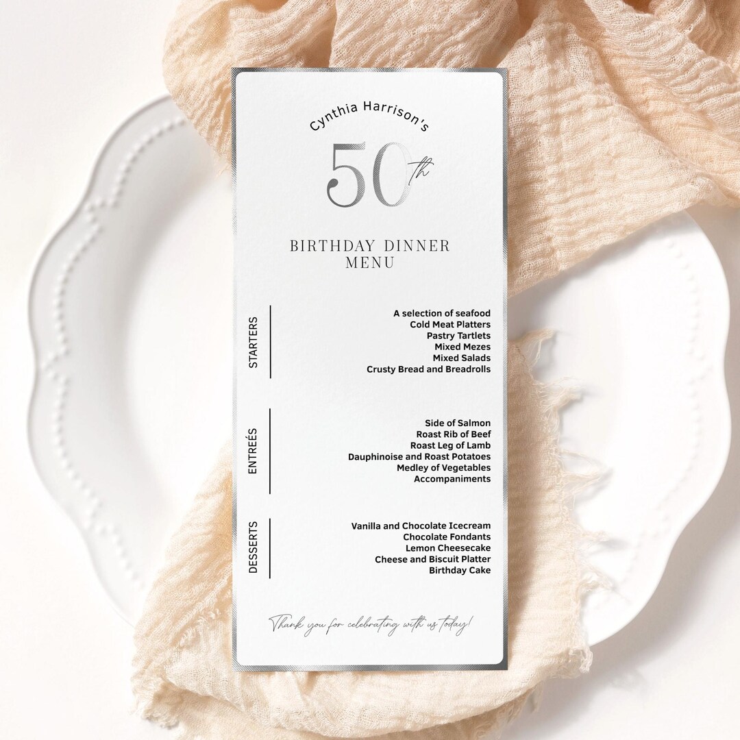 50th Birthday Menu Template, Silver 50th Wedding Anniversary Menu ...