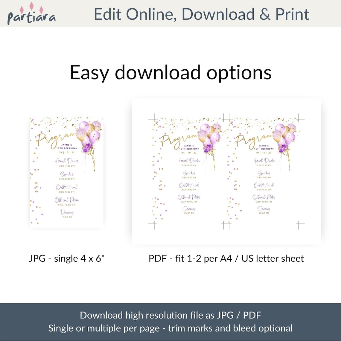 Ladies Birthday Party Program Template Printable Lilac Purple - Etsy