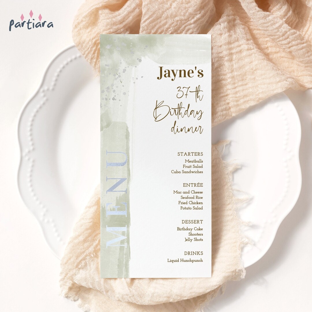 Sage Green Menu Card Printable Ladies Teen Girls Birthday Dinner Party ...