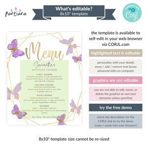 Purple Butterfly Menu, Birthday Menus Printable for Teen Girls or ...