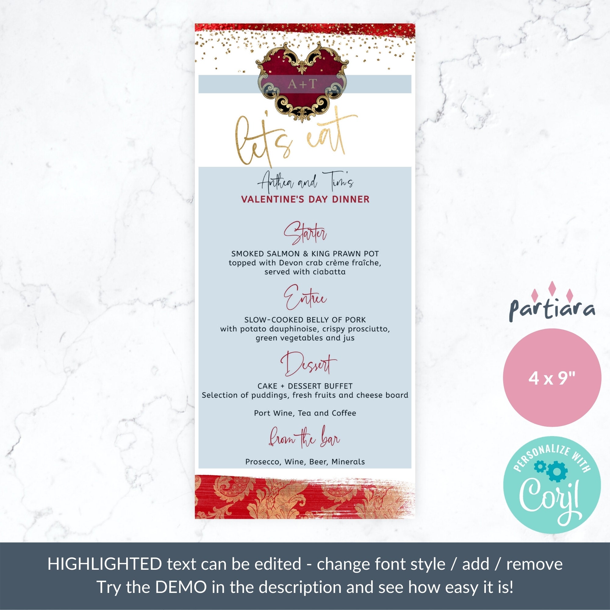 Red Gold Baroque Menu Card Printable Ladies Dinner Party Slim - Etsy