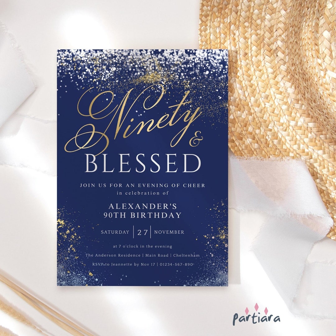 90th Birthday Invitation Navy Blue Silver Gold Ninety and Blessed Lunch ...