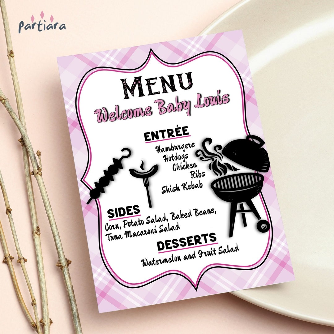 BBQ Picnic Menu Card Baby Shower Backyard Barbecue Party Menus Black ...