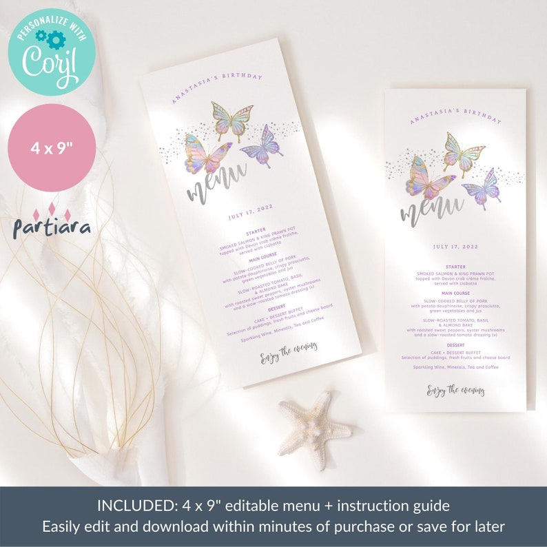 Butterfly Menu Printable, Kids Party Menus, Rainbow Butterflies Table ...
