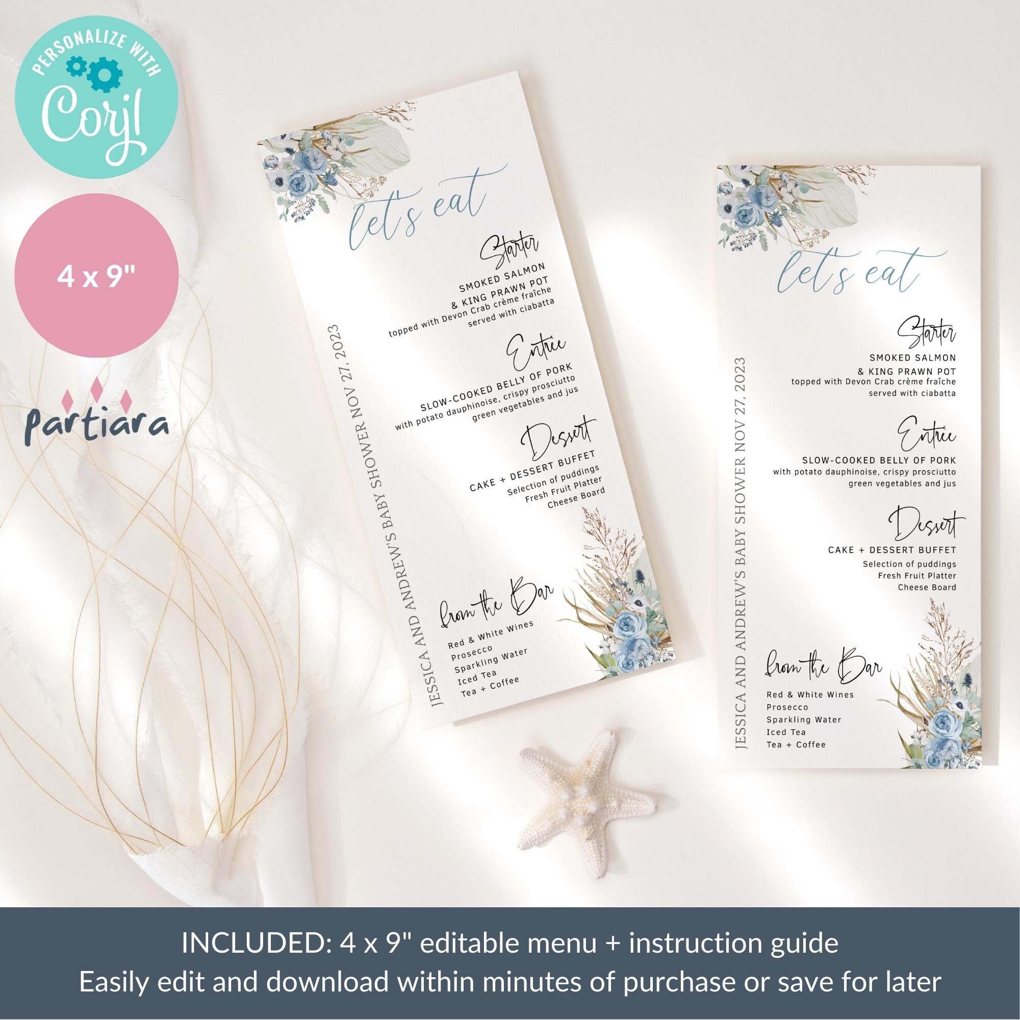 Bohemian Menu Card Boho Blue Pampas Grass Birthday Party Table Menus ...
