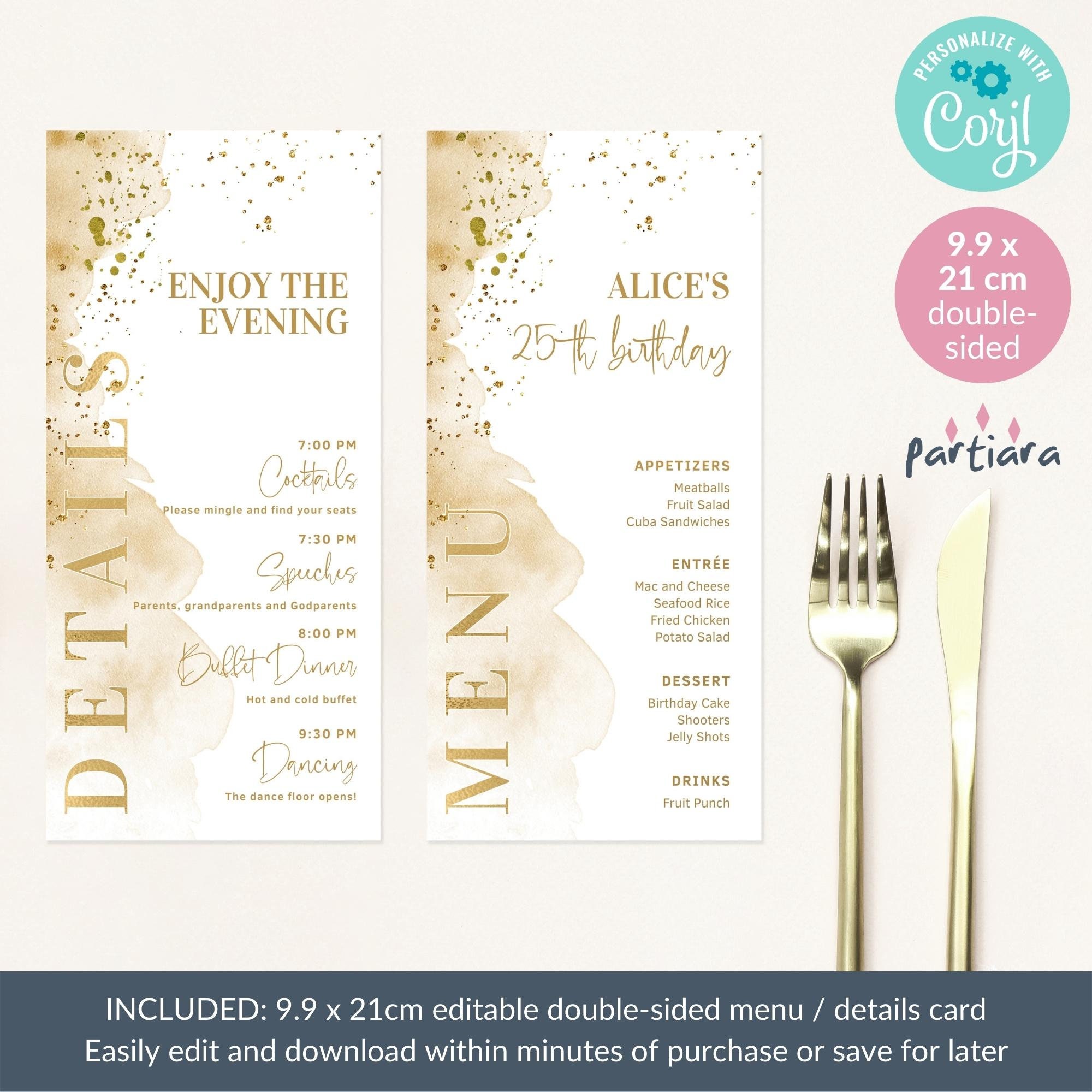 Gold Menu Program Printable Ladies Birthday Dinner Party Table | Etsy UK