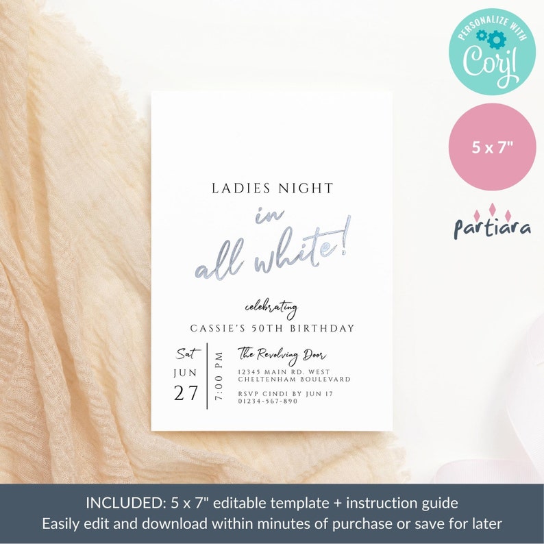 Ladies Night in All White Invite Birthday Dinner Party Invitation ...