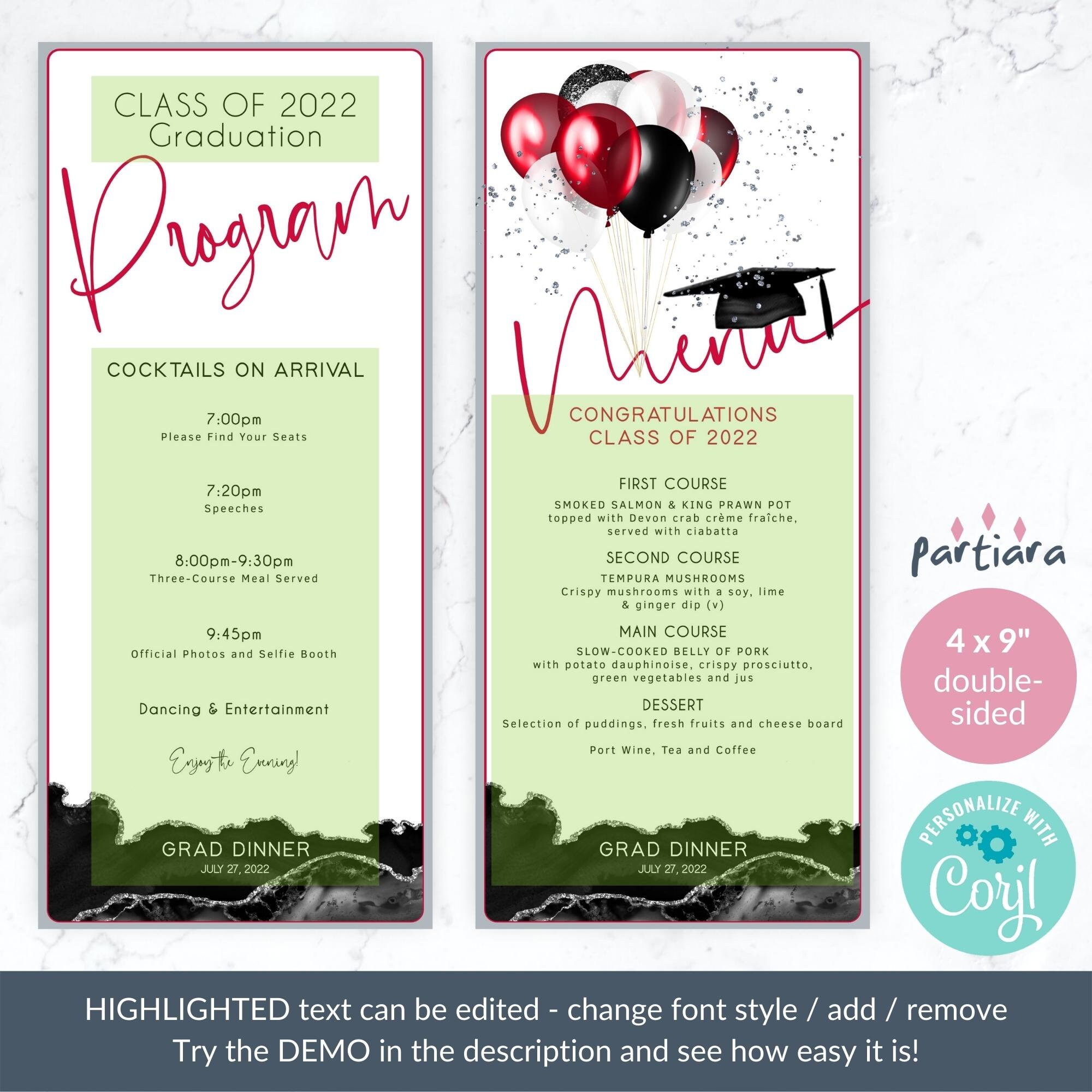 Graduation Menu Program Printable Grad Class of 2022 Dinner - Etsy