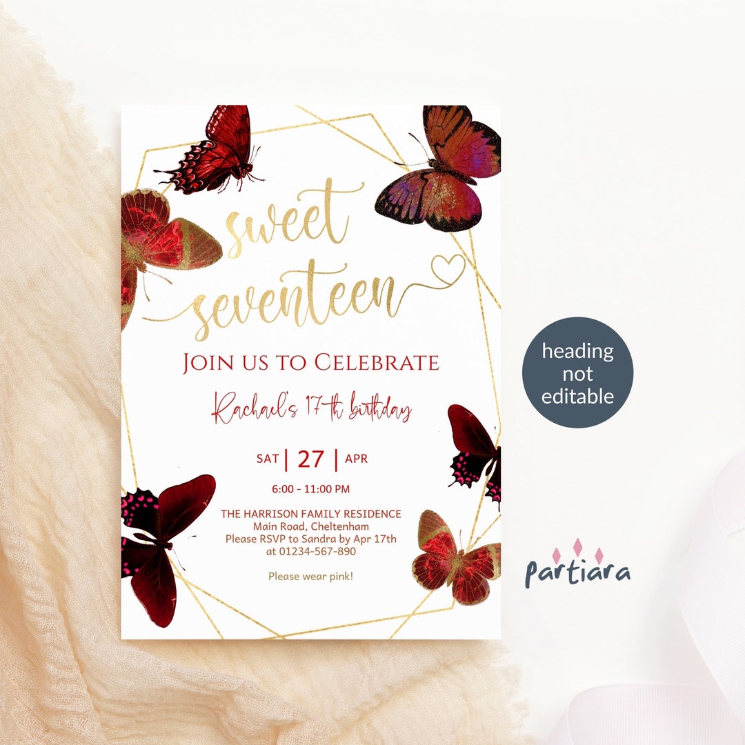 17th Birthday Invitation Printable Girl's Sweet Seventeen - Etsy UK