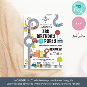 Editable Roadmap Birthday Invitation Trucks Cars Roadtrip Transport ...