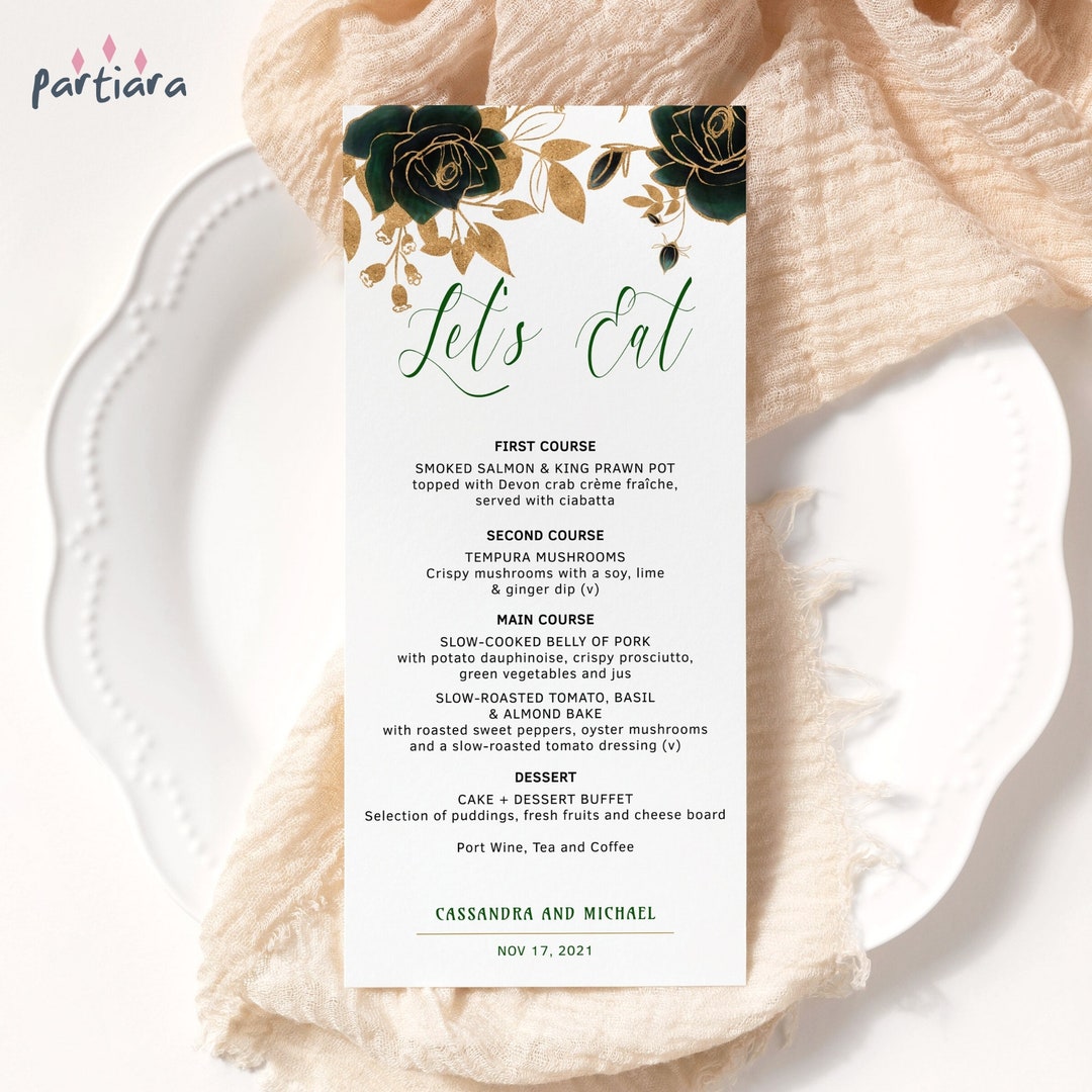 Floral Menu Card Emerald Green Gold Birthday Party Table Menus Ladies ...