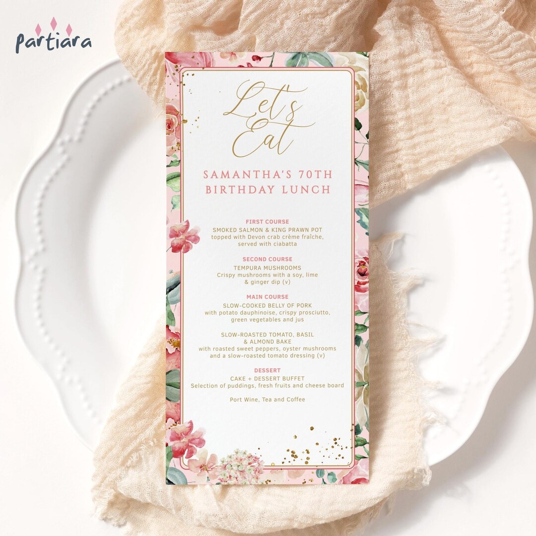 Peach Floral Menu Card Printable Ladies Birthday Party Brunch Table ...