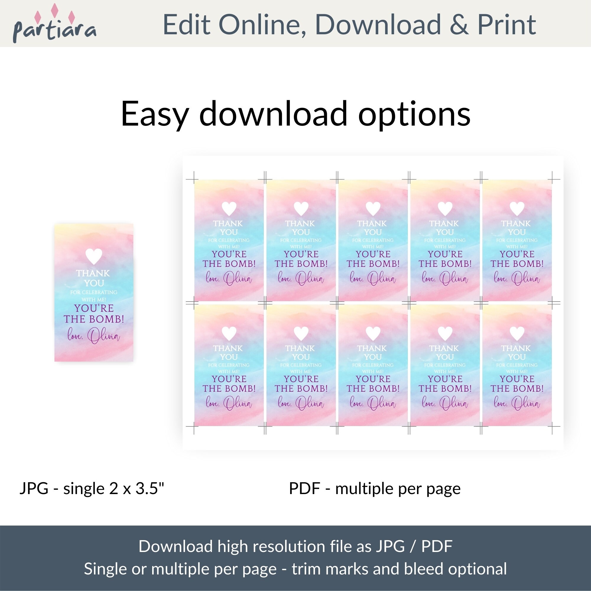 Rainbow Birthday Tags Editable Teen Girl's Party Favor | Etsy