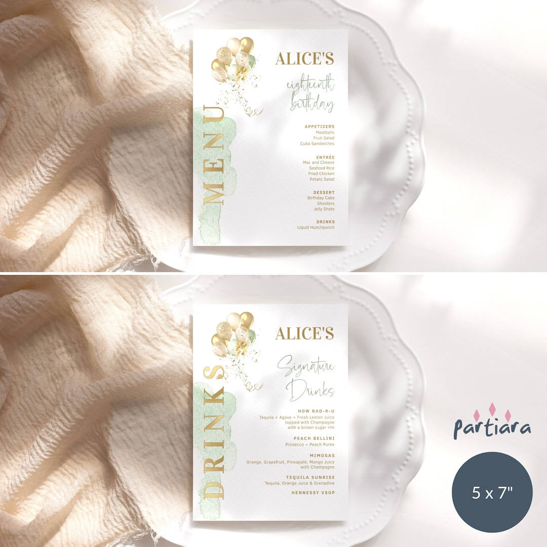 Birthday Table Menus, Food and Drink Menu Template, Sage Green Gold ...