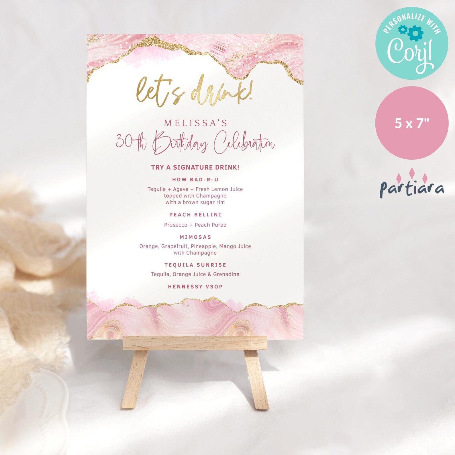 Candy Pink Gold Signature Drinks Menu Printable Ladies Birthday ...