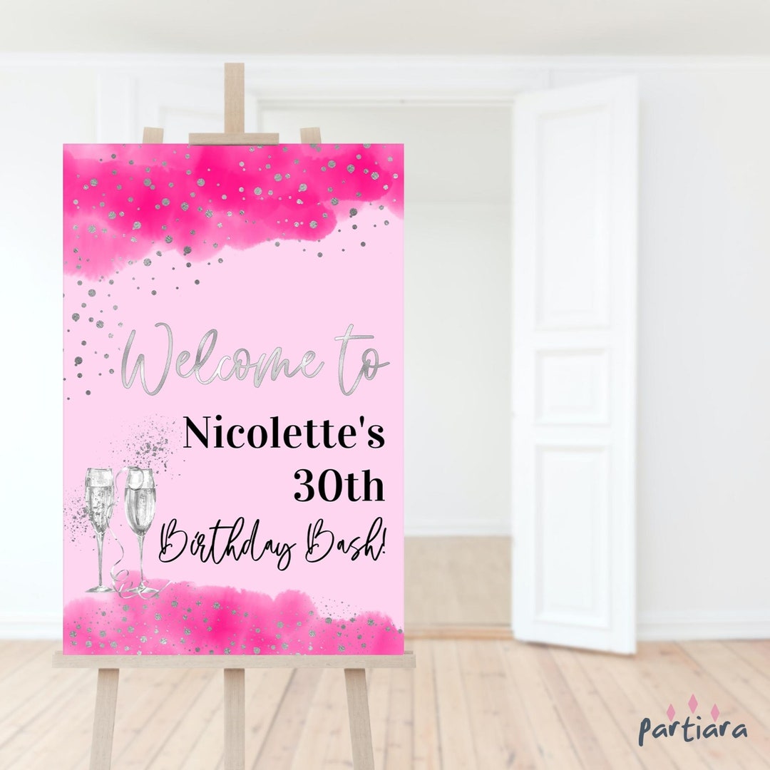 Hot Pink Silver Welcome Sign Printable Teen Girls Ladies Birthday ...