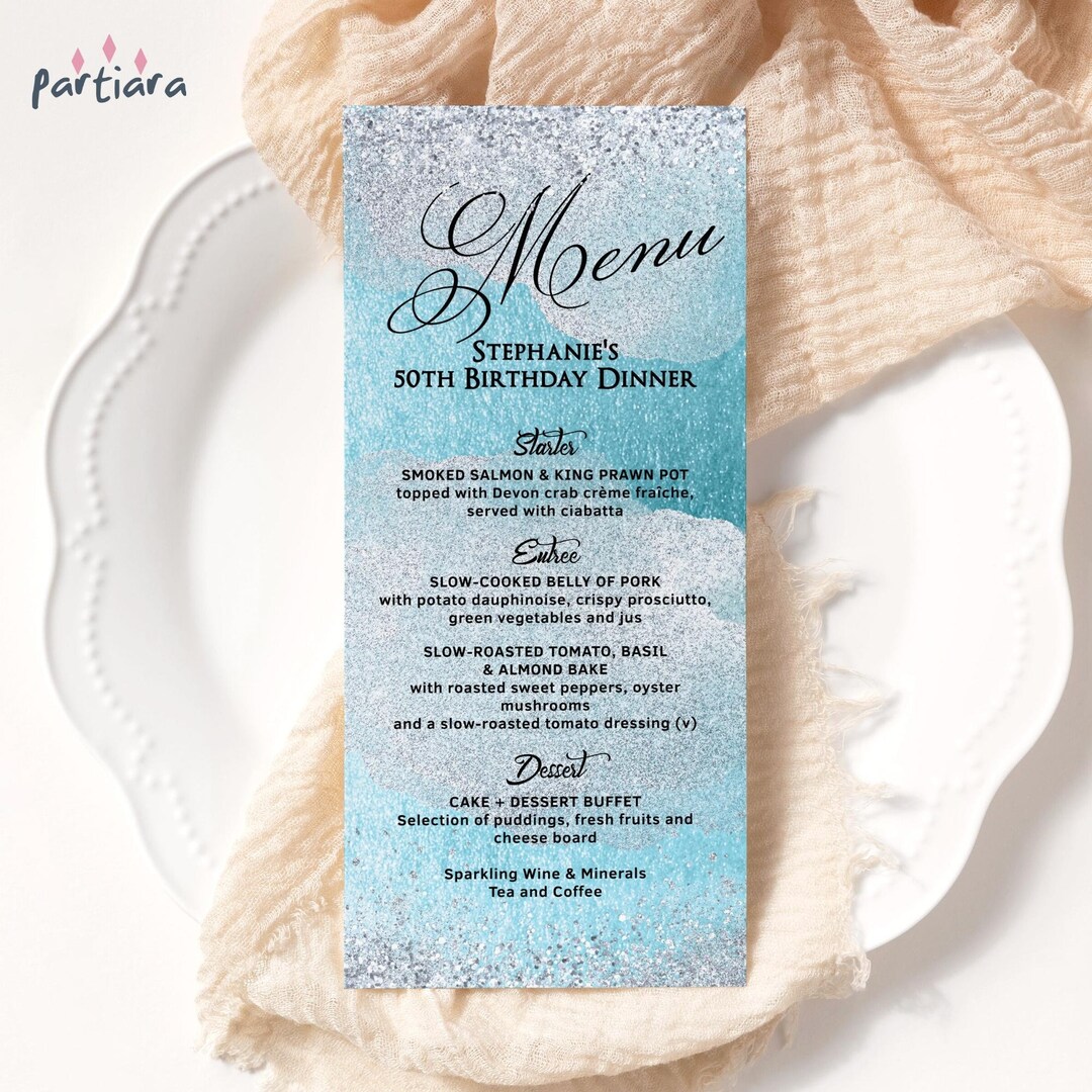 Elegant Table Menu Printable, Blue Silver Birthday Dinner Party Menus ...