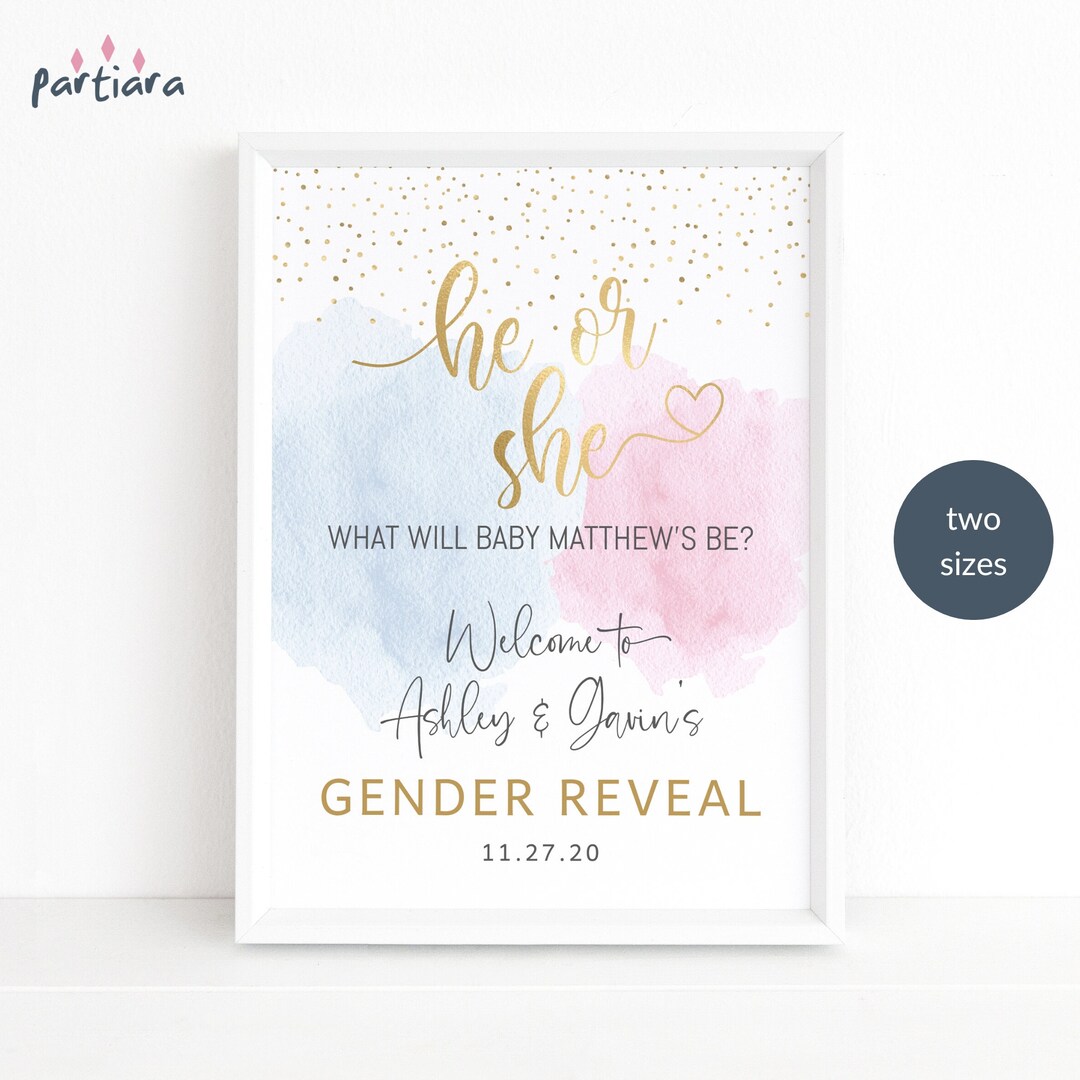 He or She Baby Sign Gender Reveal Party Table Welcome Poster Board ...