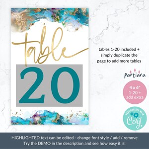 Sky Blue Table Number Cards Printable, Turquoise Gold Birthday Beach ...