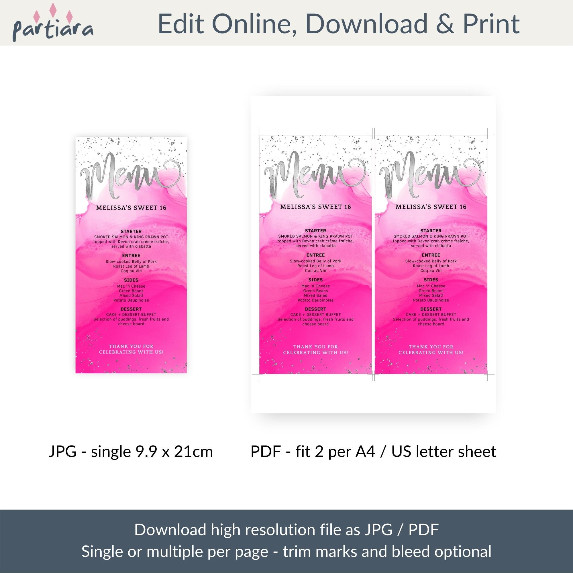 Fuchsia Pink Silver Menu Card Printable Teen Girls Ladies Hot Pink ...