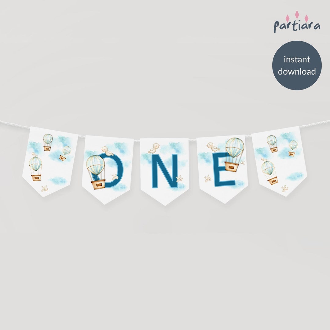 1st Birthday Banner High Chair Sign Printable Boys up up Away Hot Air ...