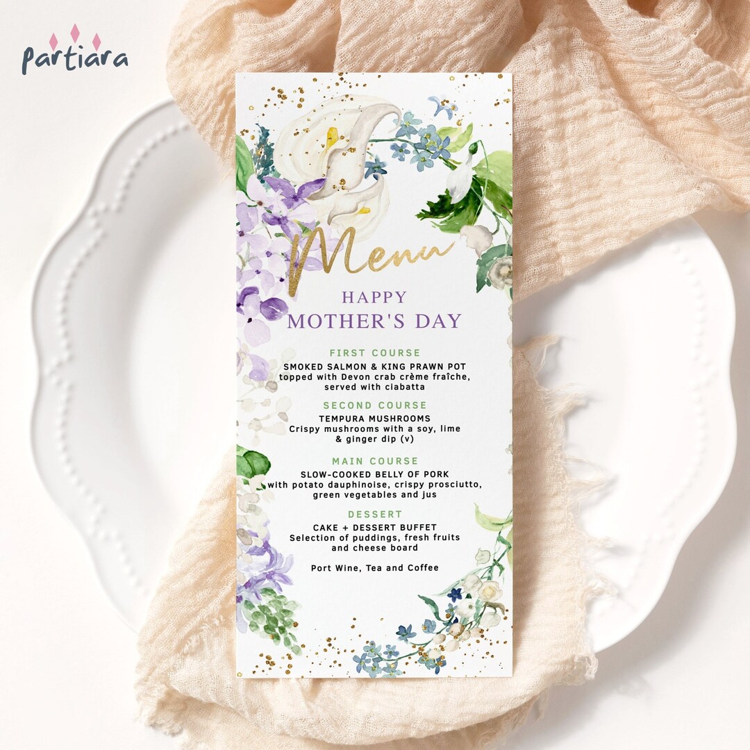 Lilac Floral Menu Card Ladies Birthday Table Menus Printable Purple ...