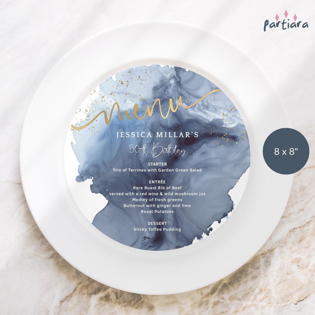 Menu Charger Card Printable, Navy Blue Gold Table Menus, Men or Ladies ...