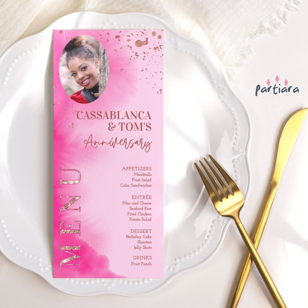 Editable Pink Menu Template: Girls or Ladies Birthday Dinner Photo ...